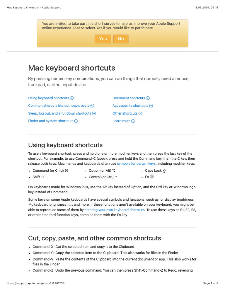 Mac Keyboard Shortcuts - Apple Support | PDF | Finder (Software) | Keyboard Shortcut