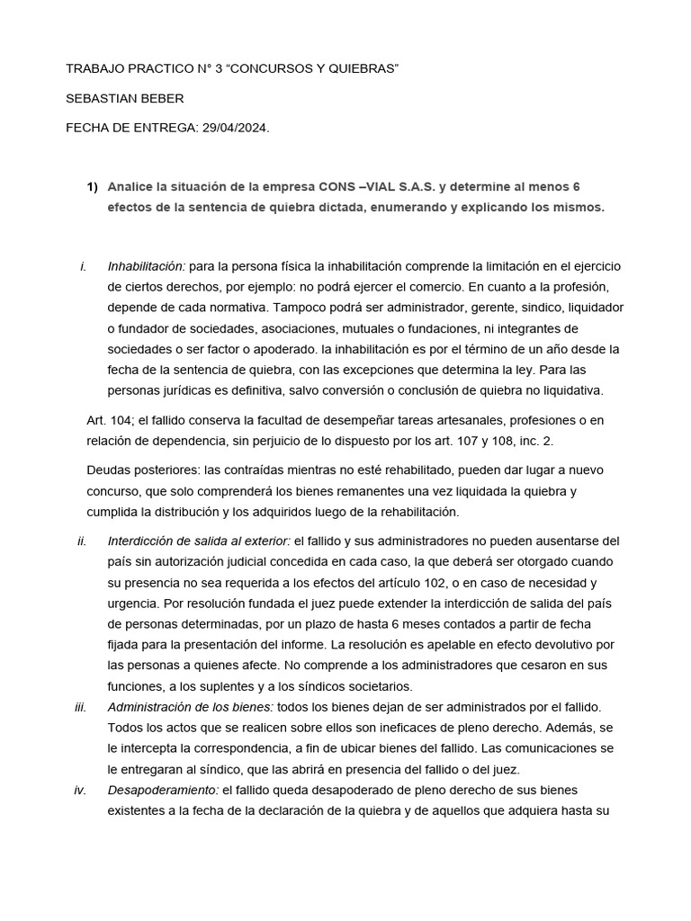TRABAJO PRACTICO N 3 Cyq | PDF | Bancarrota | Sentencia (ley)