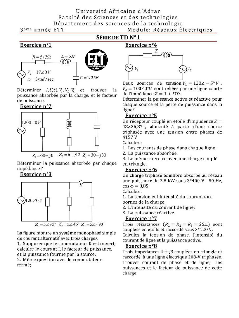 Fiches TD Réseaux Electriques Avec Corrigé 2 | PDF
