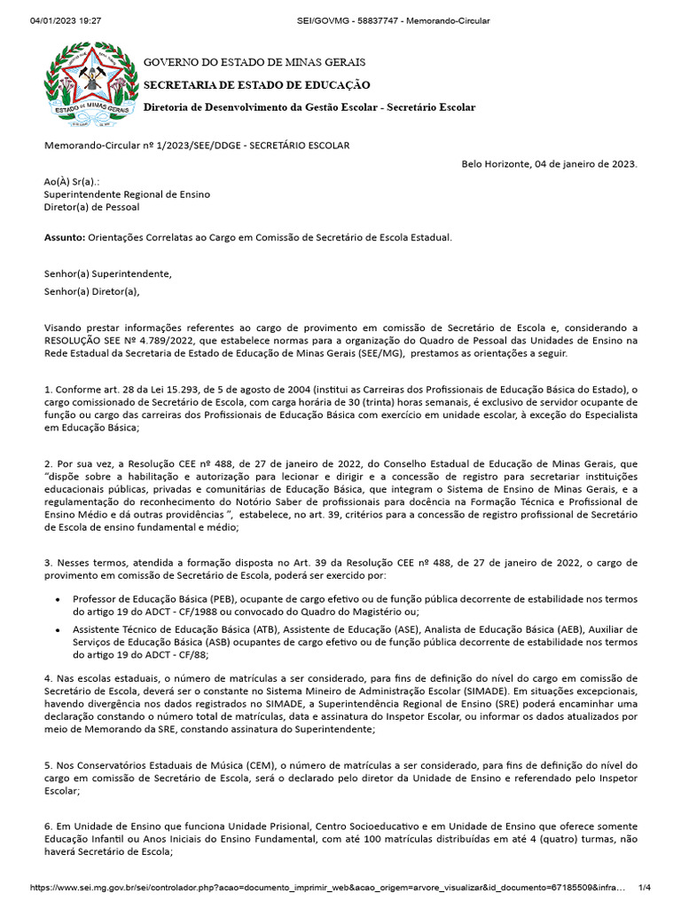 Memorando-Circular Nº 1 2023 SEE DDGE - SECRETÁRIO ESCOLAR | PDF | Estado