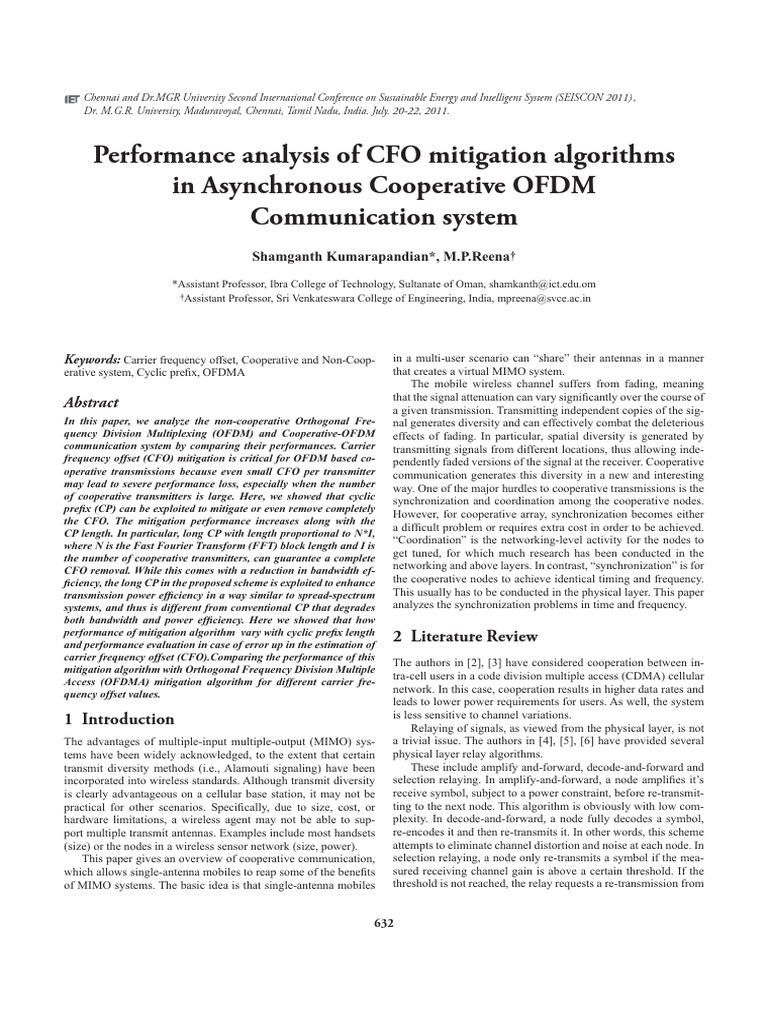 2011 Performance Analysis Of Cfo Mitigation Algorithms In Asynchronous Cooperative Ofdm