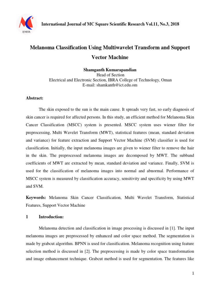 Melanoma Classification Using Multiwavelet Transform and Support Vector Machine | PDF | Support ...
