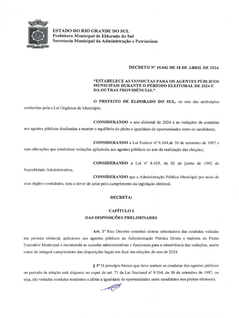 Decreto 10.042-2024 - Condutas Período Eleitoral 2024 | PDF