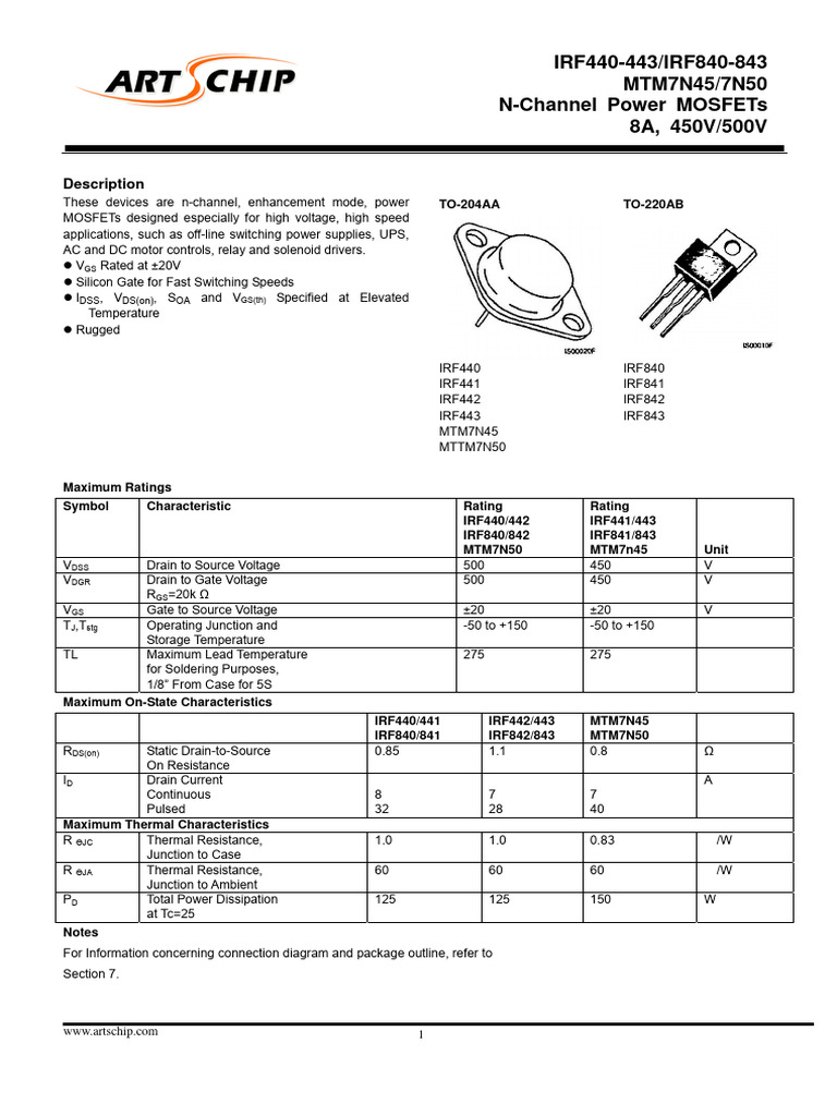 IRF840_datasheet | PDF | Field Effect Transistor | Mosfet