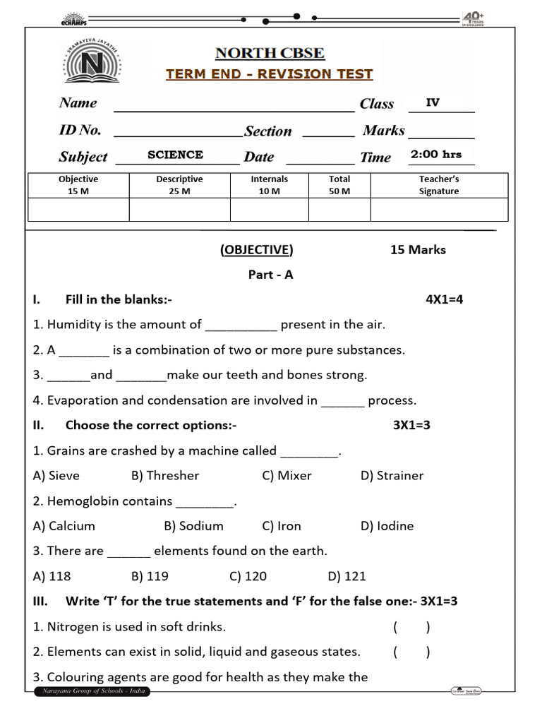 Term End Revision Paper Grade 4. Science | PDF | Filtration | Ammonia