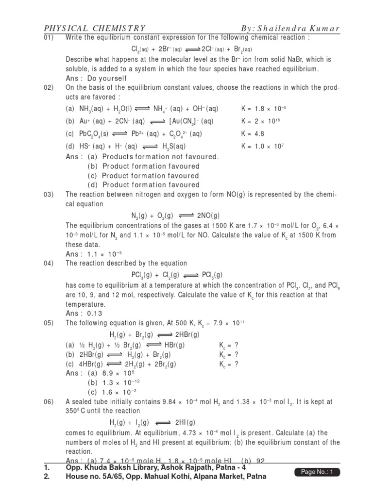 Chemical Equilibrium Assignments Guide | PDF | Chemical Equilibrium | Chemistry