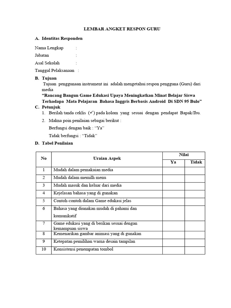 Lembar Angket Respon Guru | PDF