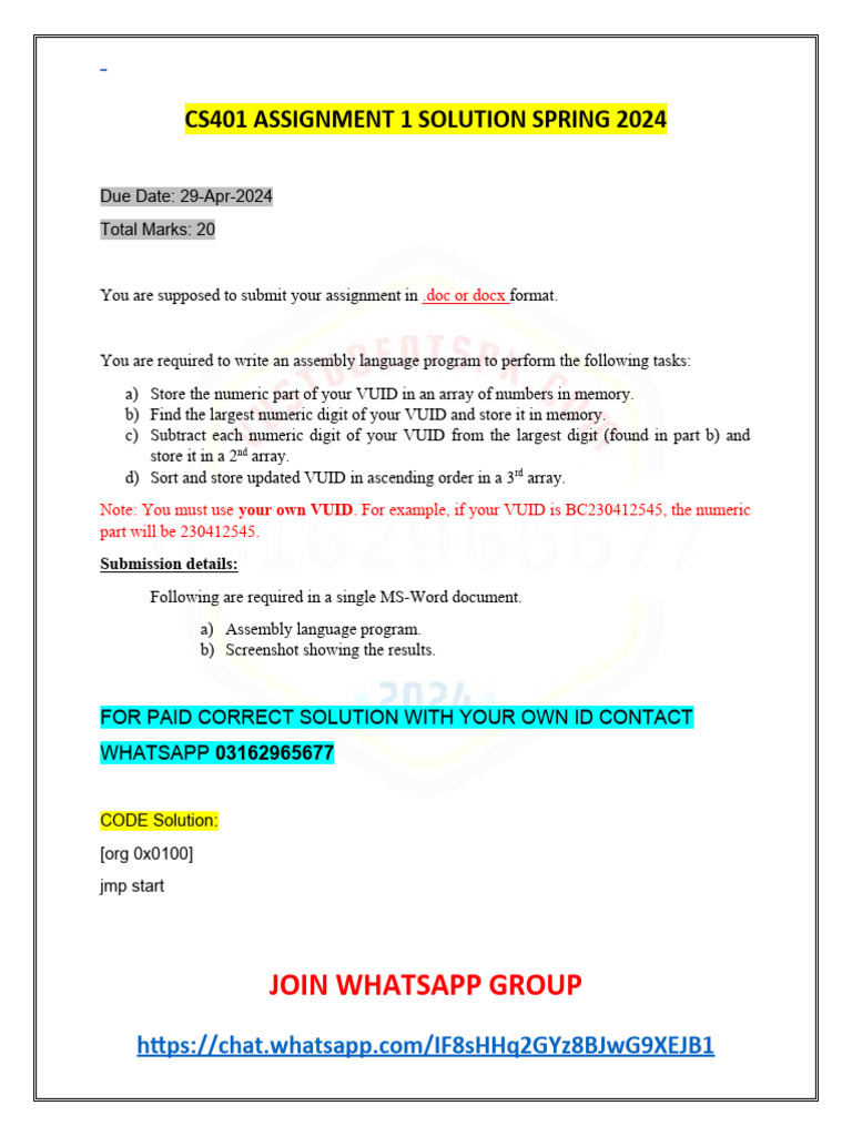 Cs401 Assignment 1 Solution Spring 2024 Pdf Software Computer Architecture 