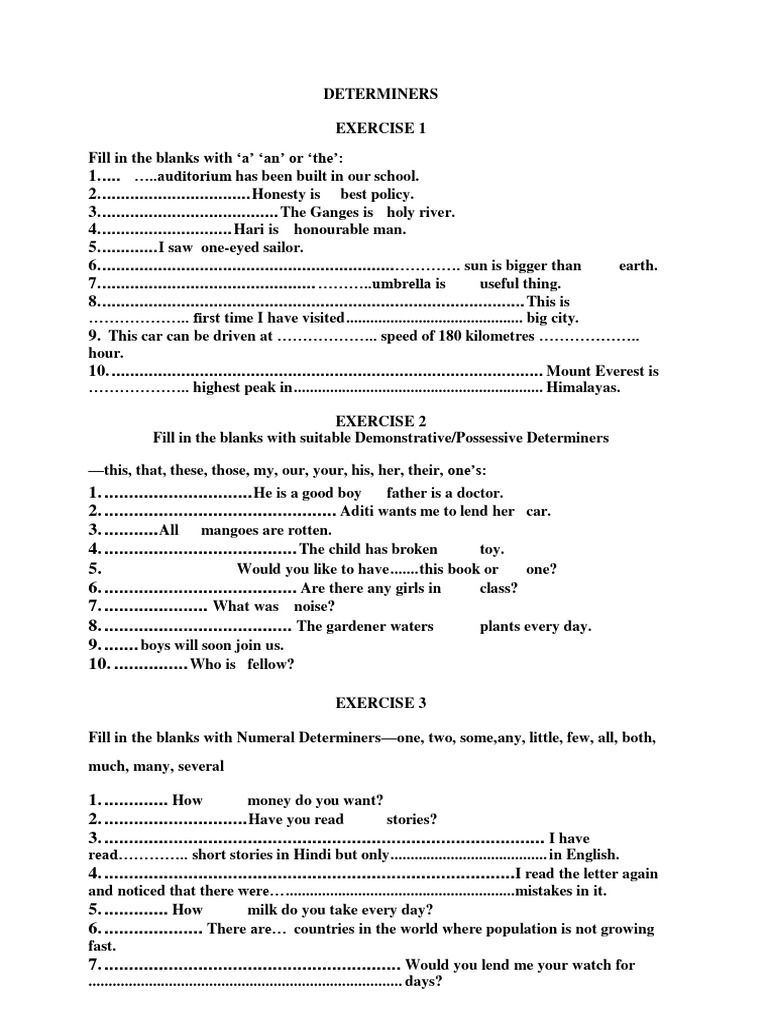 Determiners Class 10 WORKSHEET | PDF | Home & Garden
