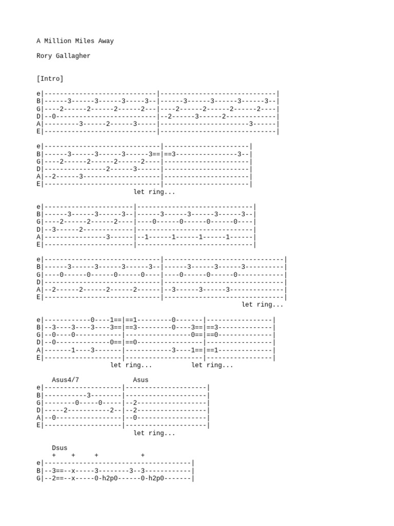 Rory Gallagher - A Million Miles Away guitar tab | PDF | Songs ...