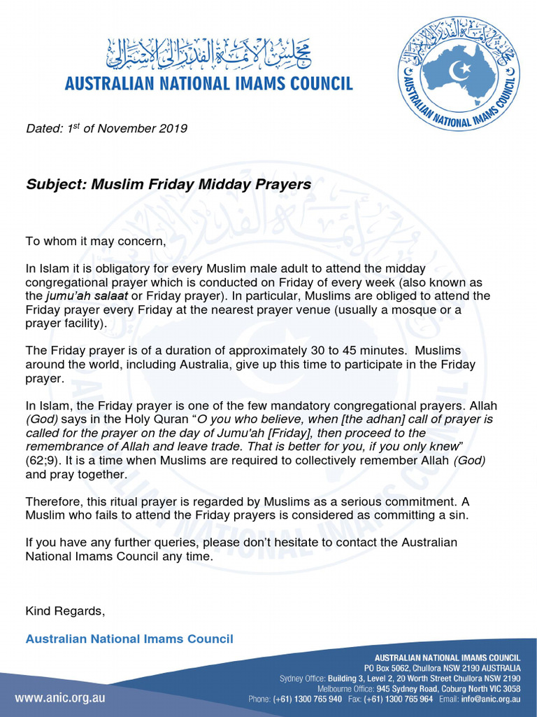 ANIC Muslim Friday Midday Prayers Letter | PDF