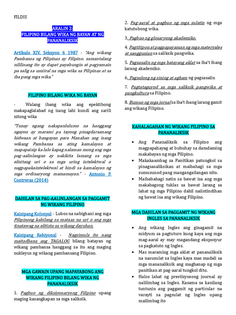 Fildis Aralin2 Reviewer | PDF