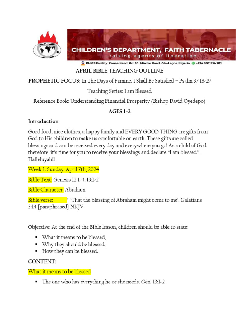 Age 1-2 - Children Teaching Outline For April 2024 | PDF | Abraham | Blessing