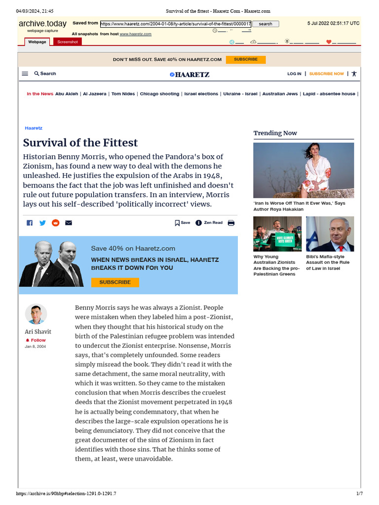 Benny Morris Interview 2004 Survival of The Fittest - Haaretz | PDF ...