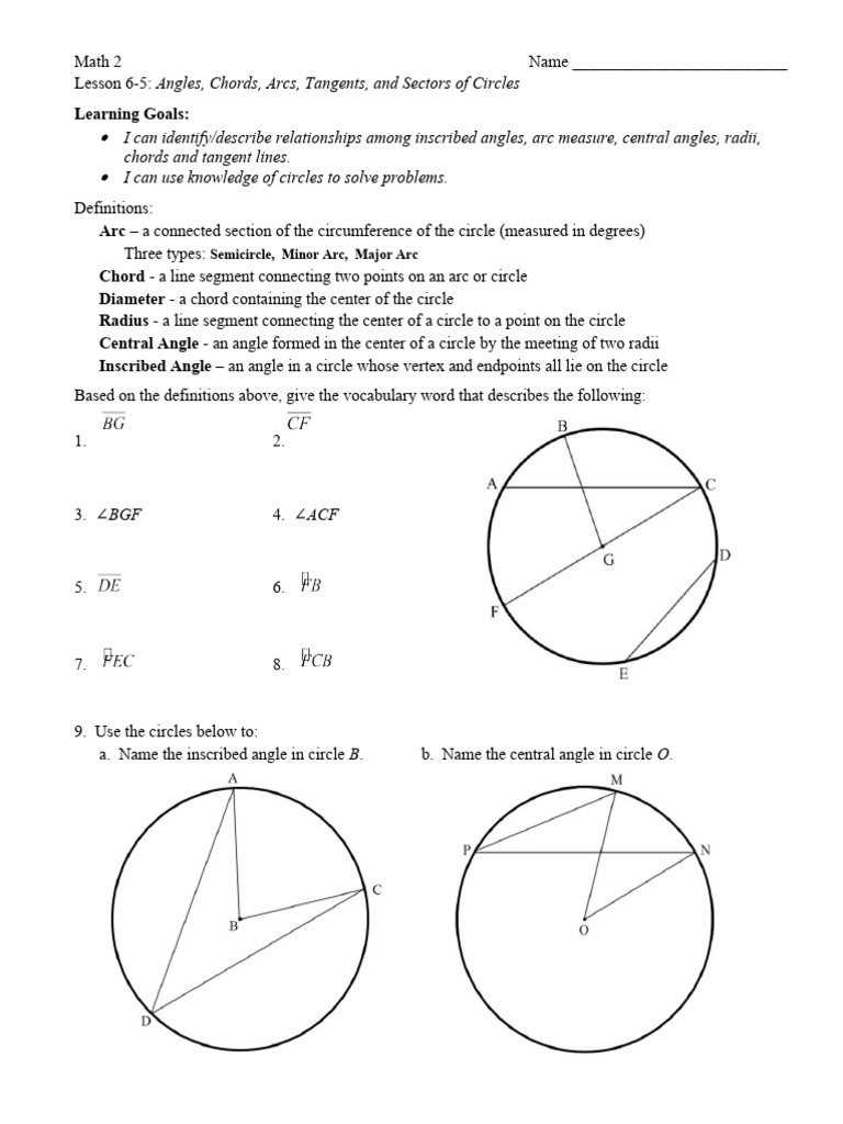 6-5 Angles, Chords, Arcs, Tangents, And Sectors of Circles | PDF ...