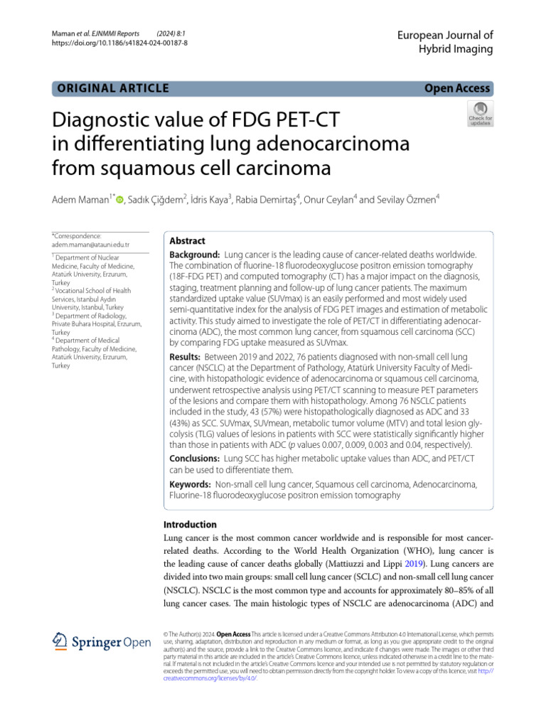 Diagnostic Value of FDG PET-CT in Differentiating Lung Adenocarcinoma ...