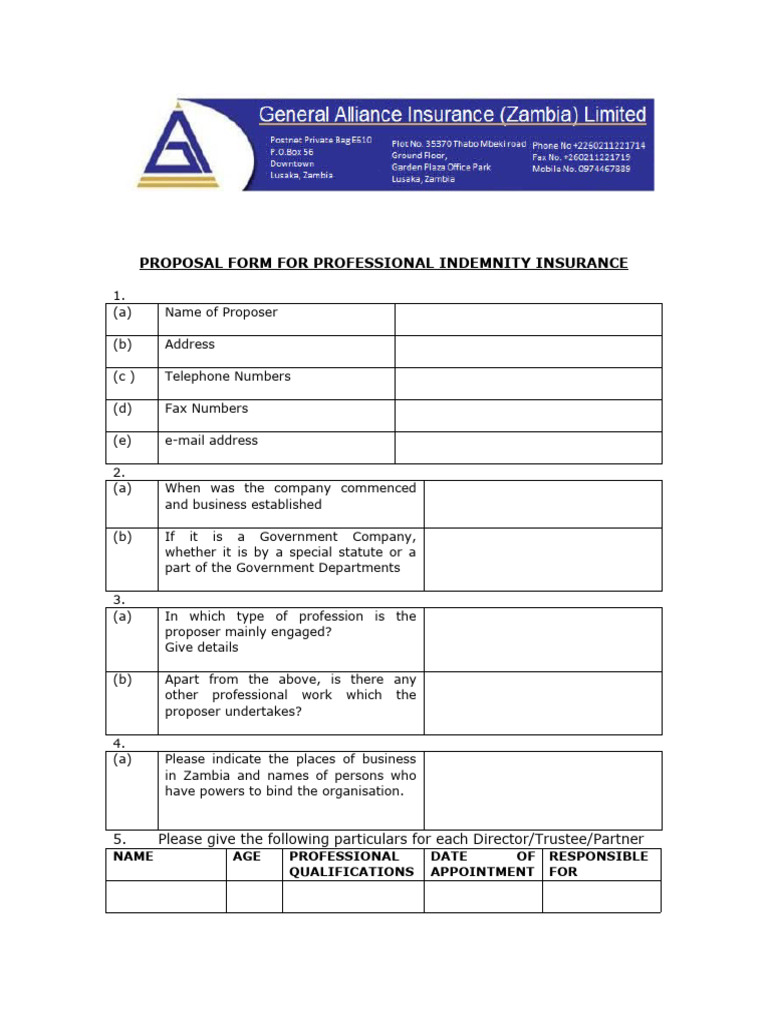 PROFESSIONAL INDEMNITY Proposal Form | PDF | Insurance | Professional ...