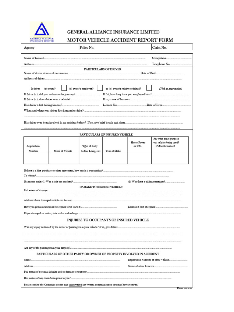 Motor Vehicle Acc. Report Form | PDF | Vehicles | Land Transport