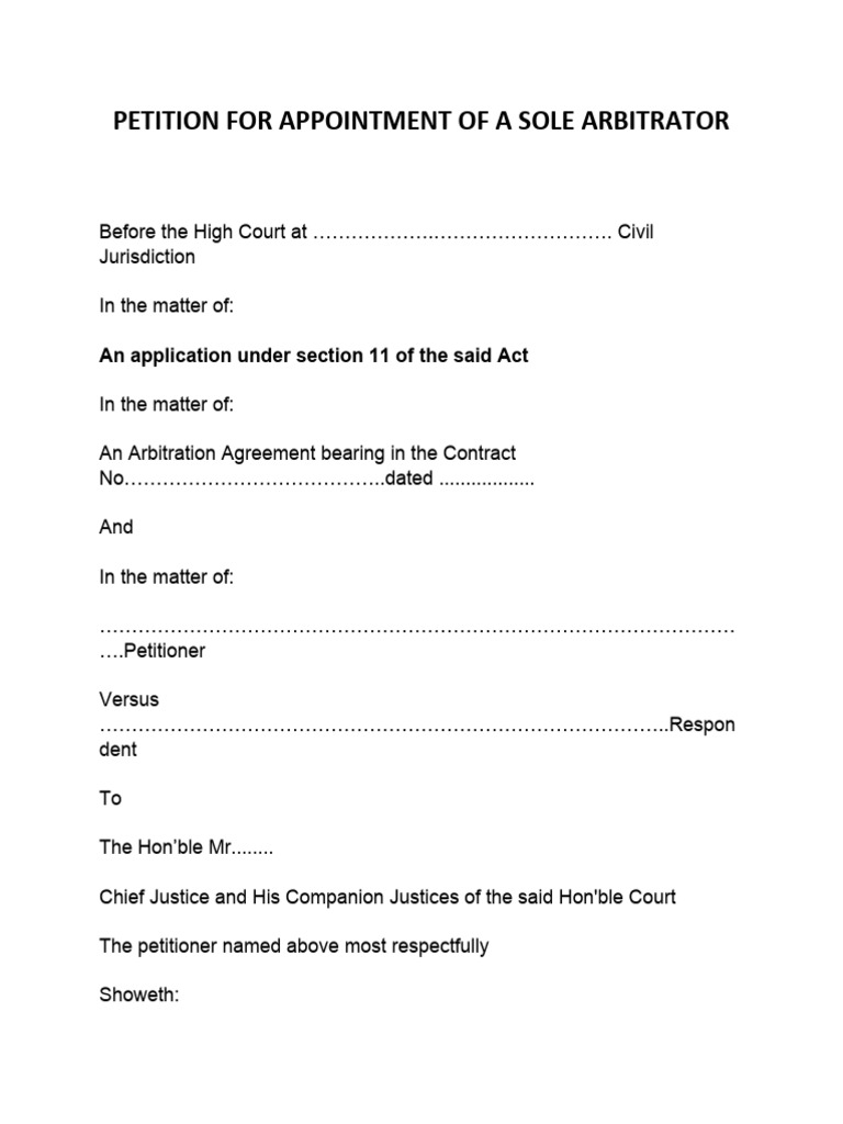 Petition For Appointment of A Sole Arbitrator | PDF | Arbitration | Justice
