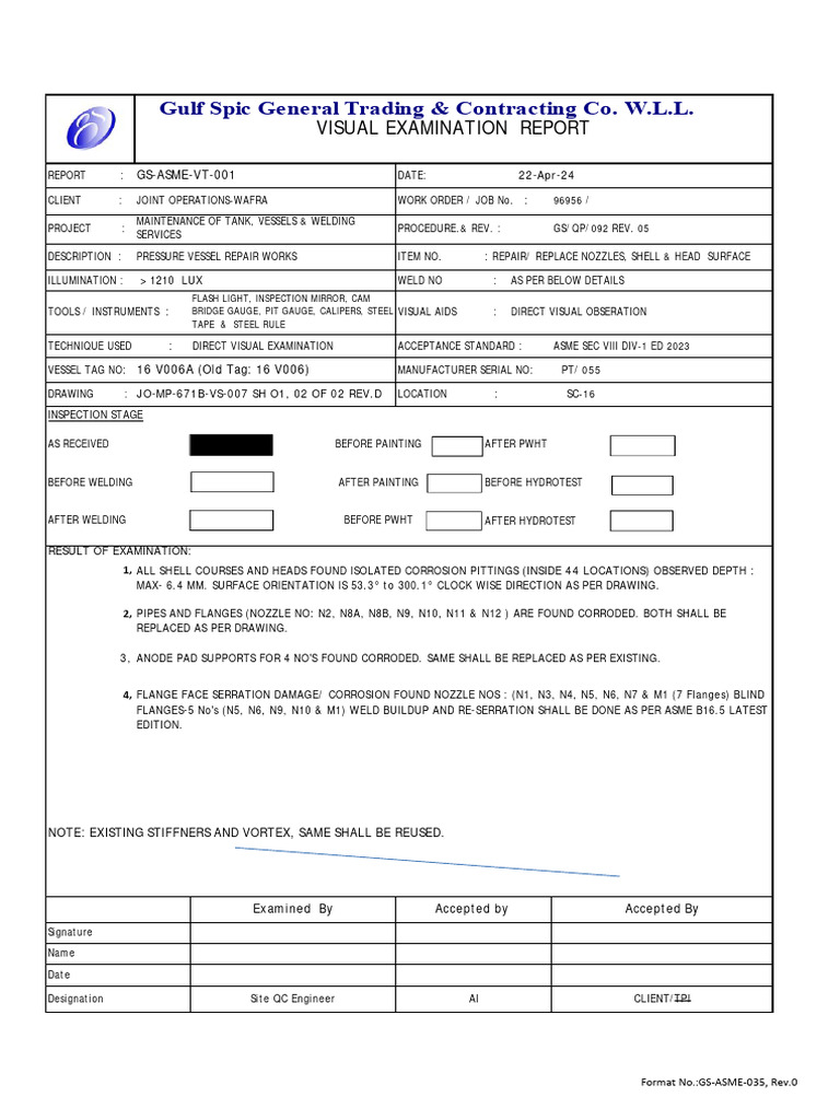 Intial Visual Inspection Gs-Asme-035 16 V006a | PDF | Corrosion ...