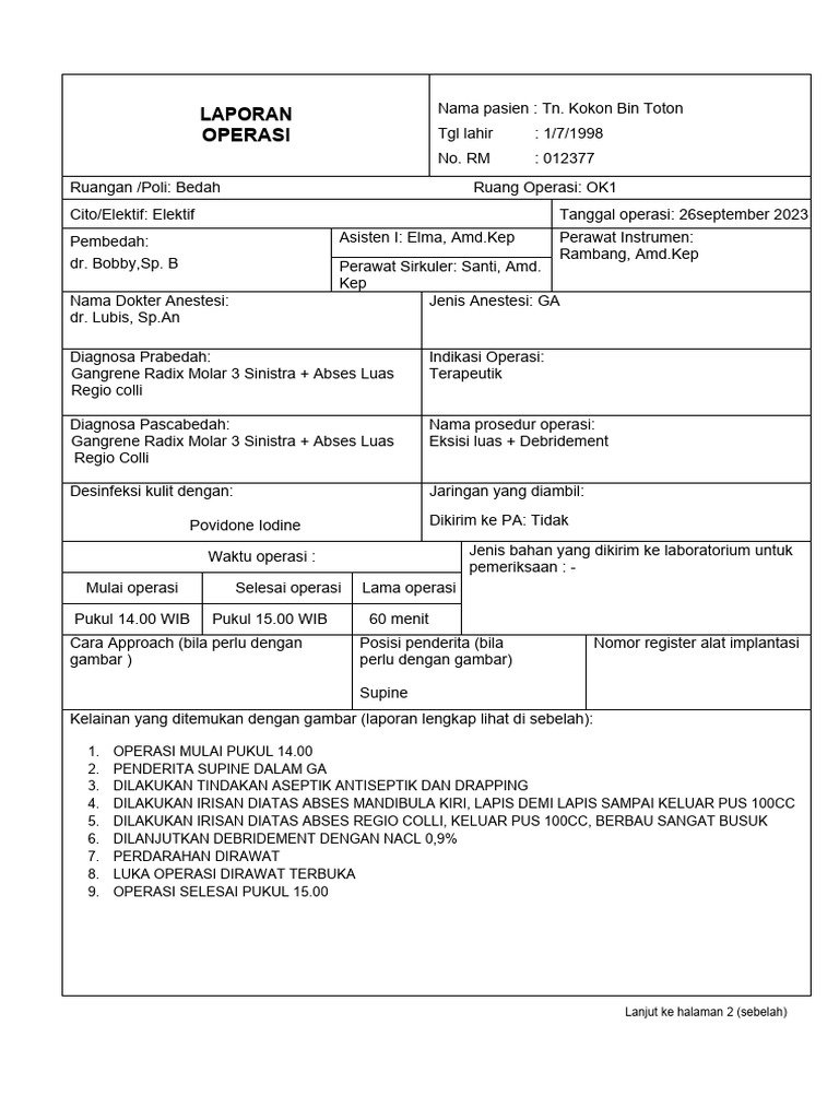 LAPORAN OPERASI Debridement | PDF