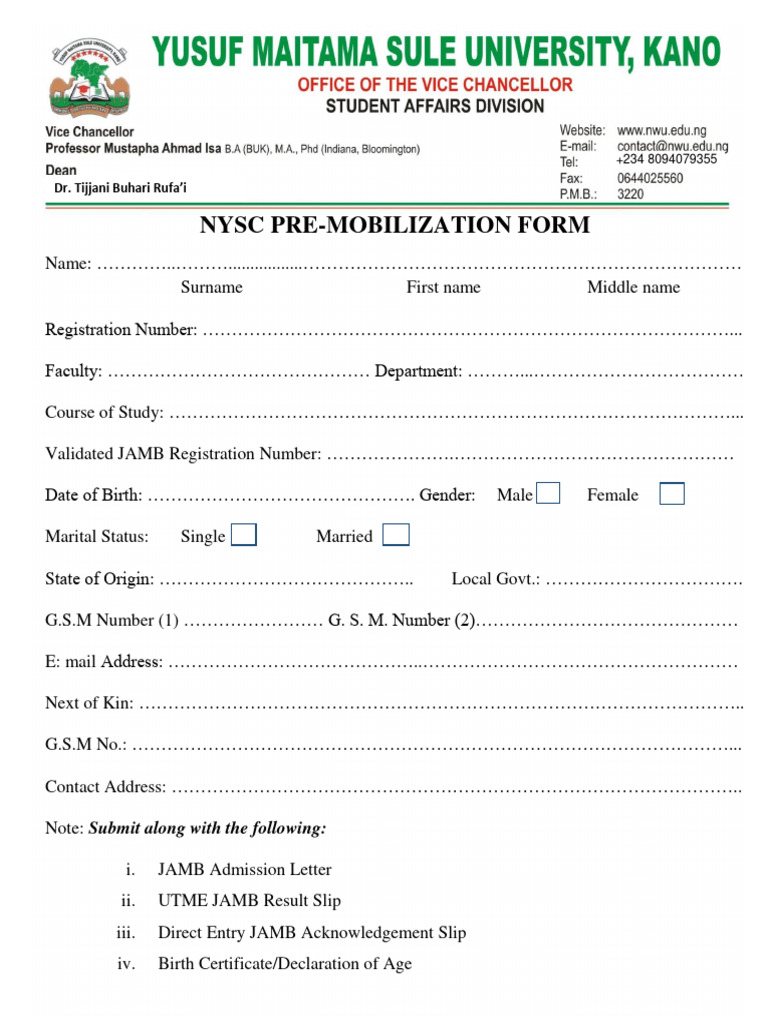NYSC Pre Mobilization Form | PDF
