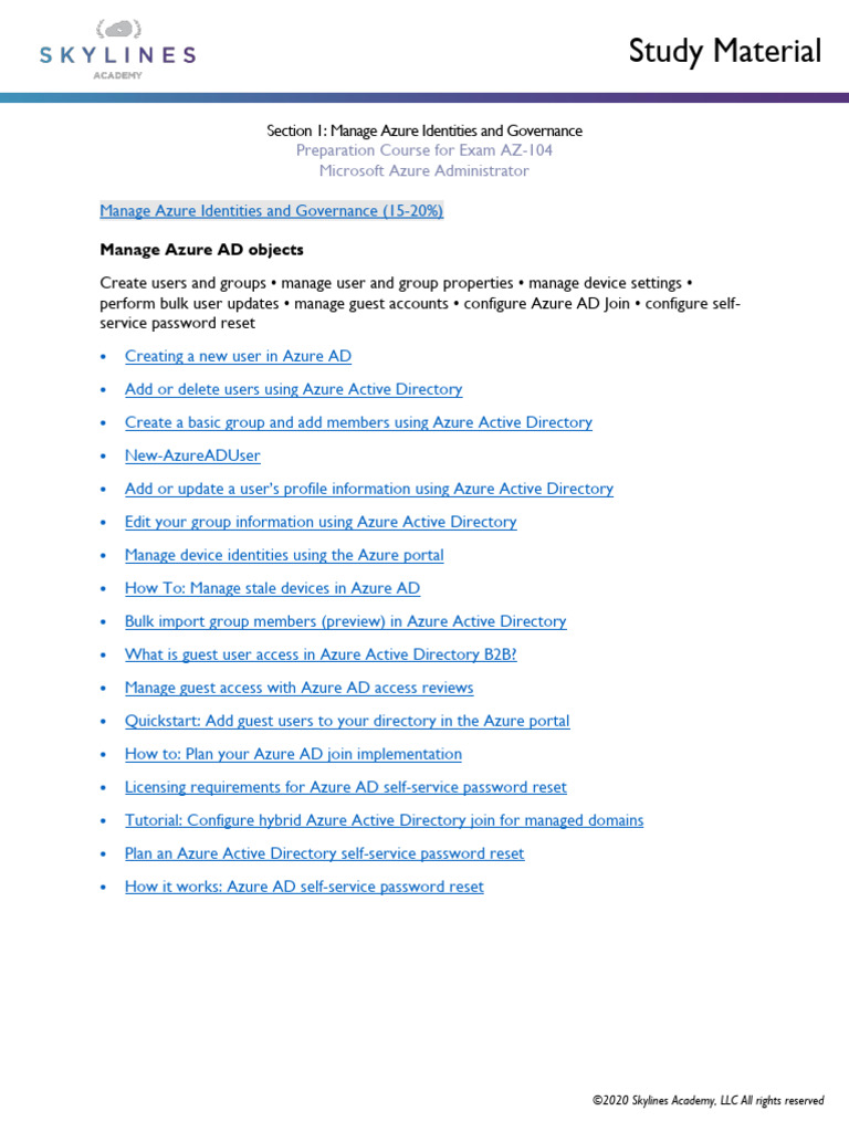 AZ104 Section 1 Identitiesand Governance Study Material SA | PDF | Active Directory | Microsoft ...