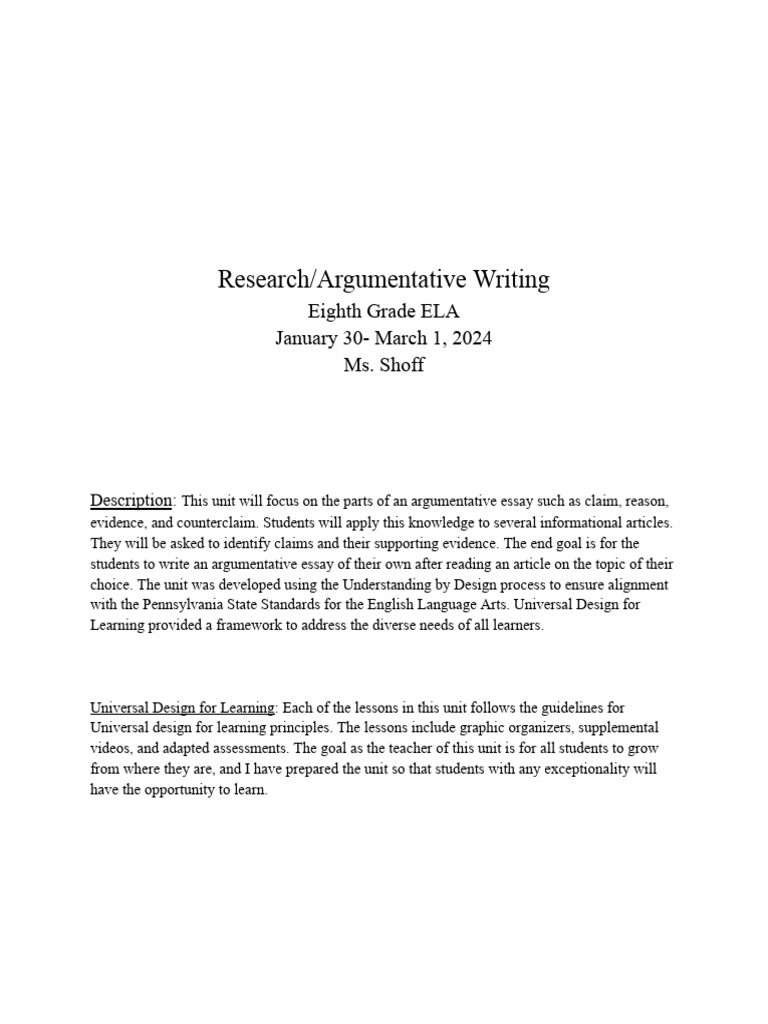 Eighth Grade Argumentative Essay Unit | PDF | Essays | Argument