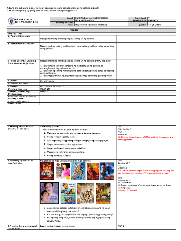 DLL - Filipino 1st Cot 2022 | PDF