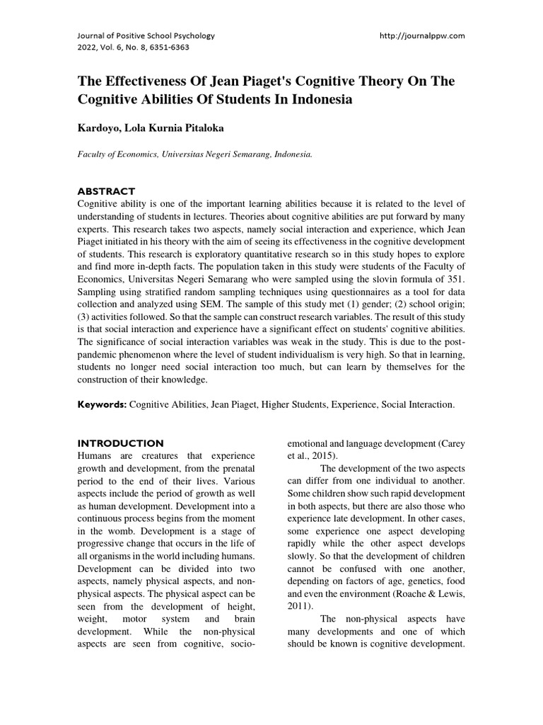 The Effectiveness Of Jean Piaget's Cognitive Theory On The Cognitive Abilities Of Students In ...
