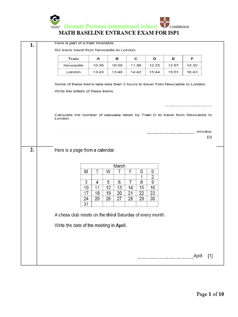 Baseline Math Entrance Exam Grade 6 2024-2025 | PDF