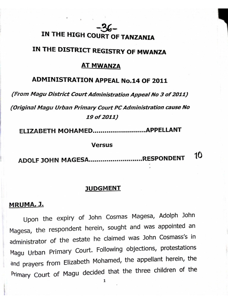 Elizabeth Mohamed vs. Adolf Magesa, Mruma, J. | PDF