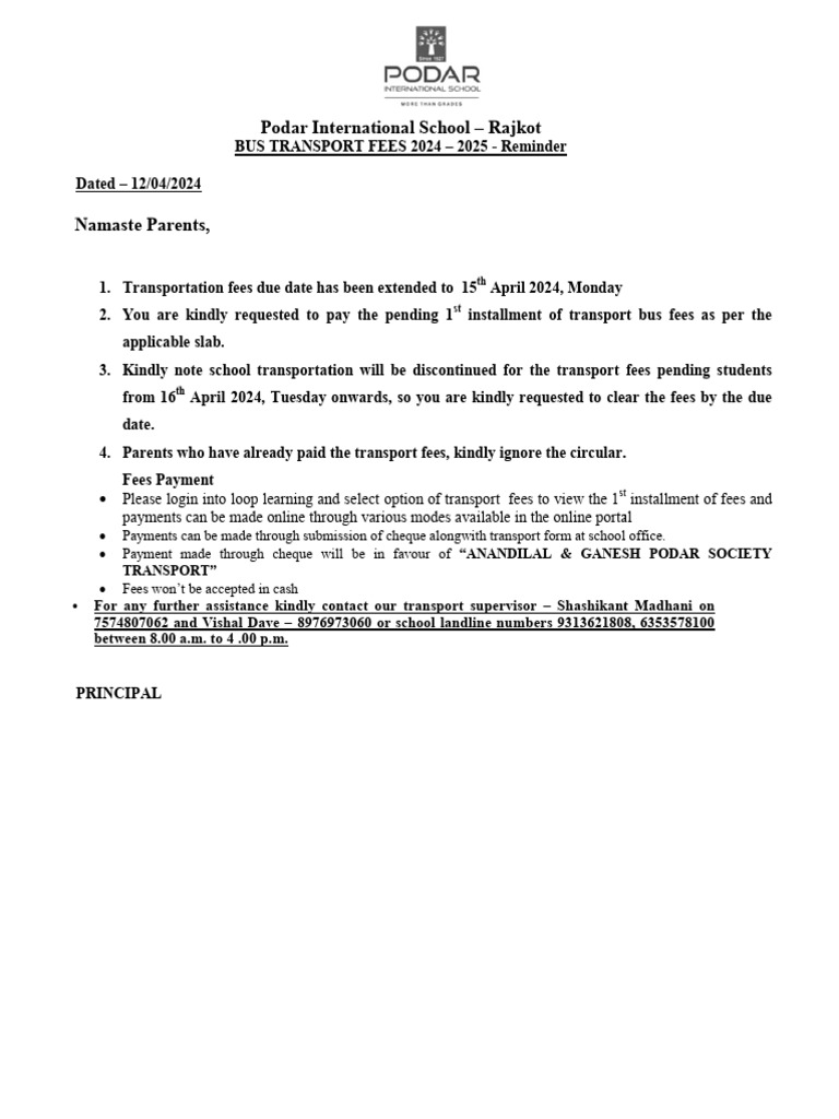 Transport Fees Reminder 12.04.2024 | PDF