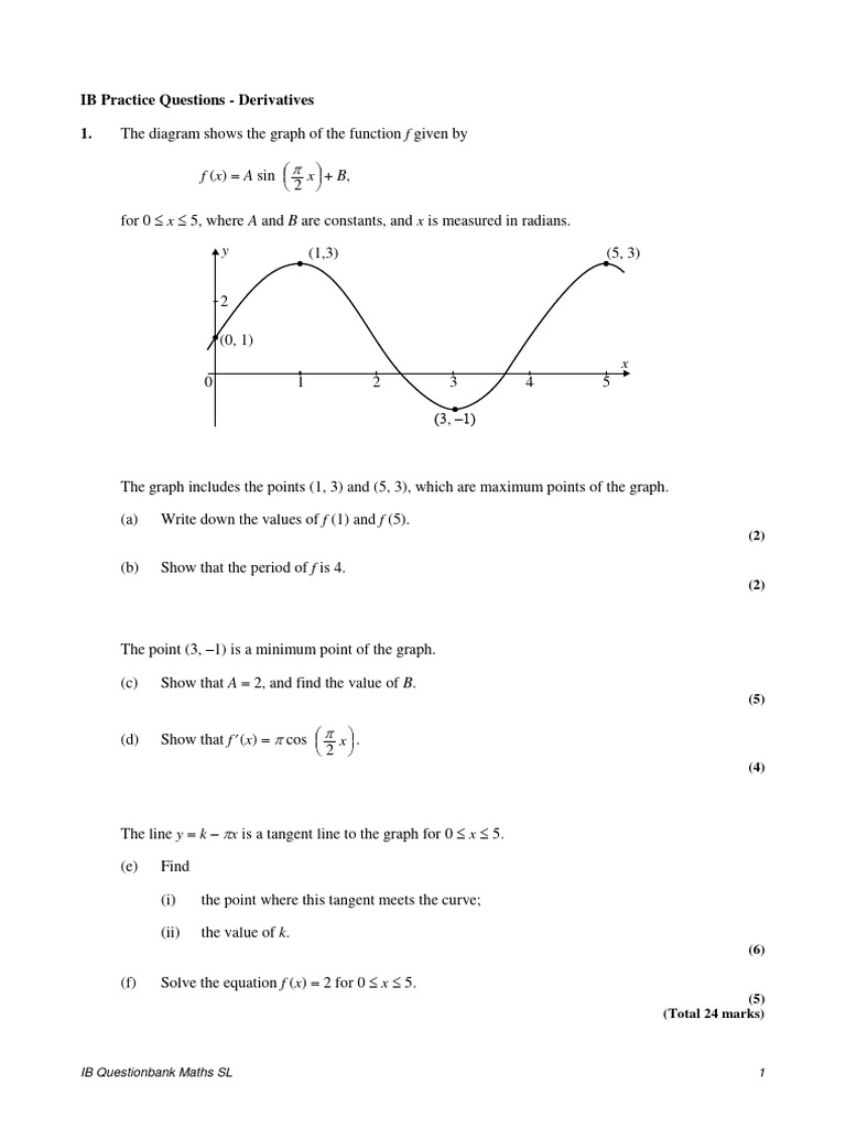 IB Maths SL Derivatives Practice Questions | PDF | Tangent | Derivative