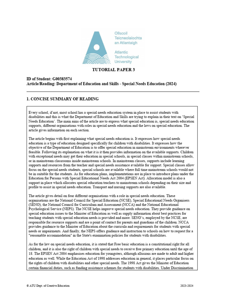 Tutorial Paper 3 g00383574 Mmcmahon | PDF | Special Education | Teachers