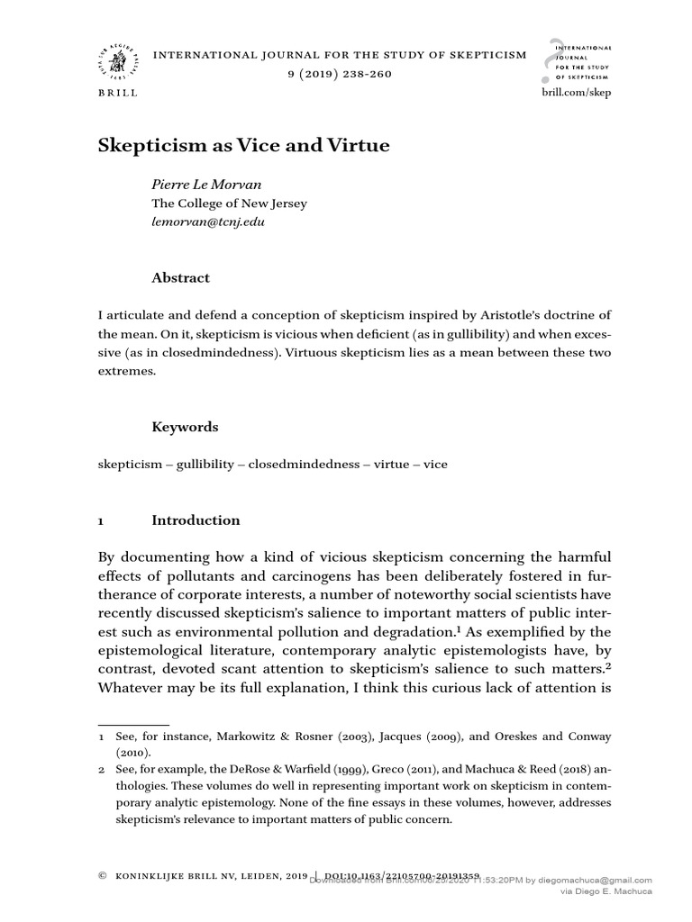 00 Le Morvan (2019) Skepticism As Vice and Virtue | PDF | Epistemology | Knowledge