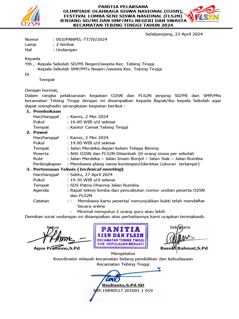 Surat Undangan O2sn Dan Fls2n | PDF