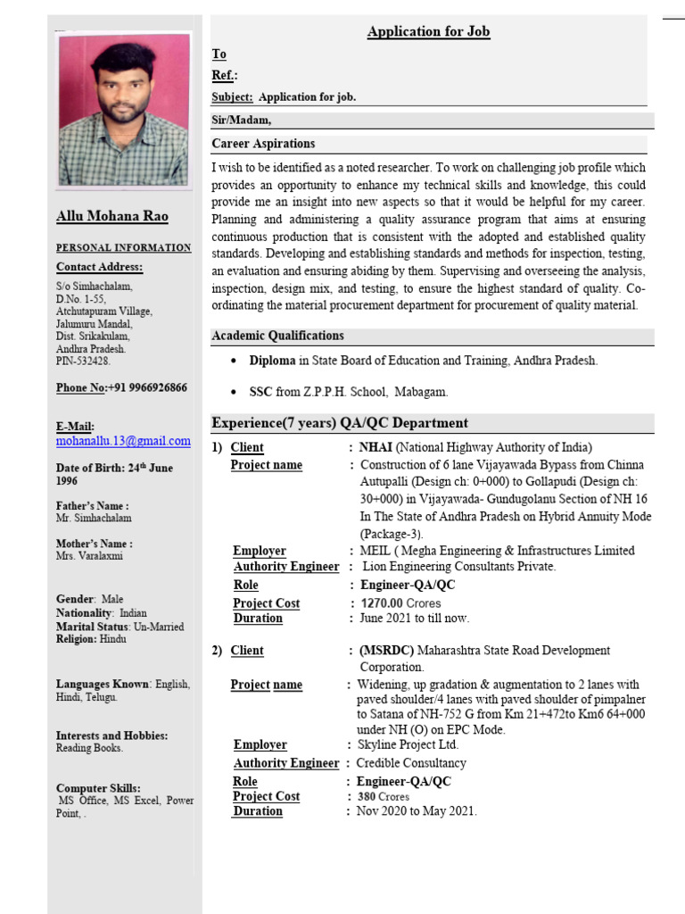 Mohan Allu Resume | PDF | Concrete | Road