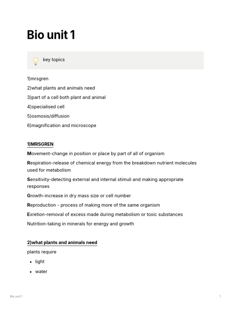 Bio Unit 1 | PDF | Cell (Biology) | Osmosis
