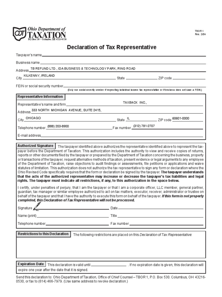 Declaration of Tax Representative: TB Refund LTD., Ida Business ...