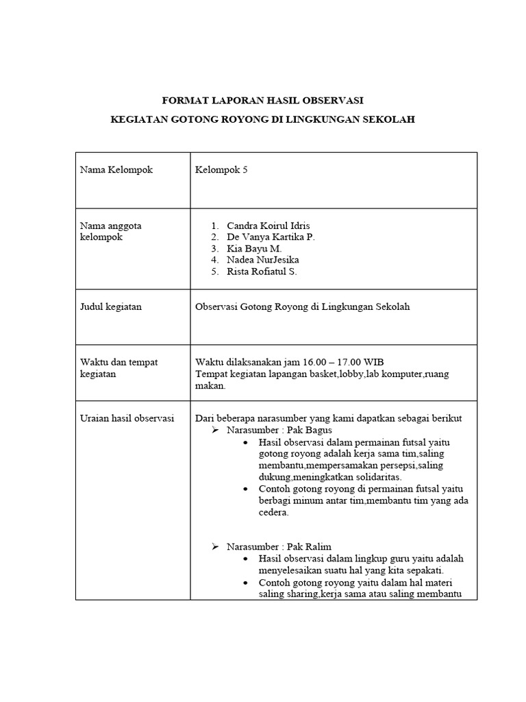 FORMAT LAPORAN HASIL OBSERVASI X-3 Kelompok 5 | PDF | Karier & Perkembangan