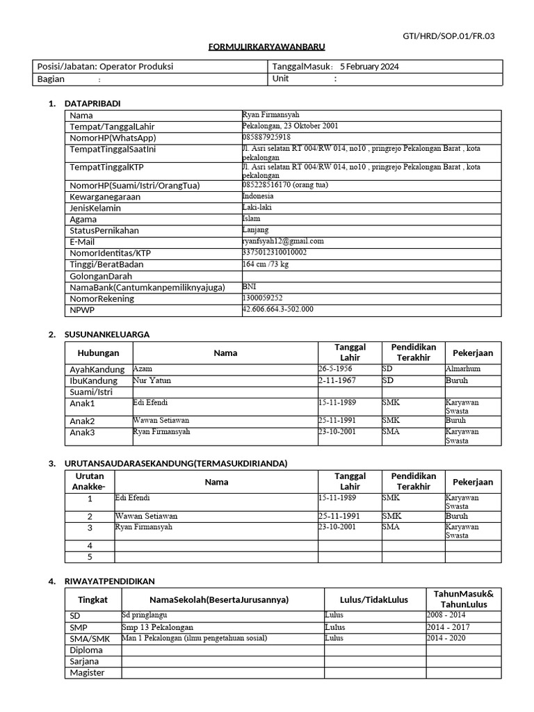 Form Isian Karyawan Baru | PDF