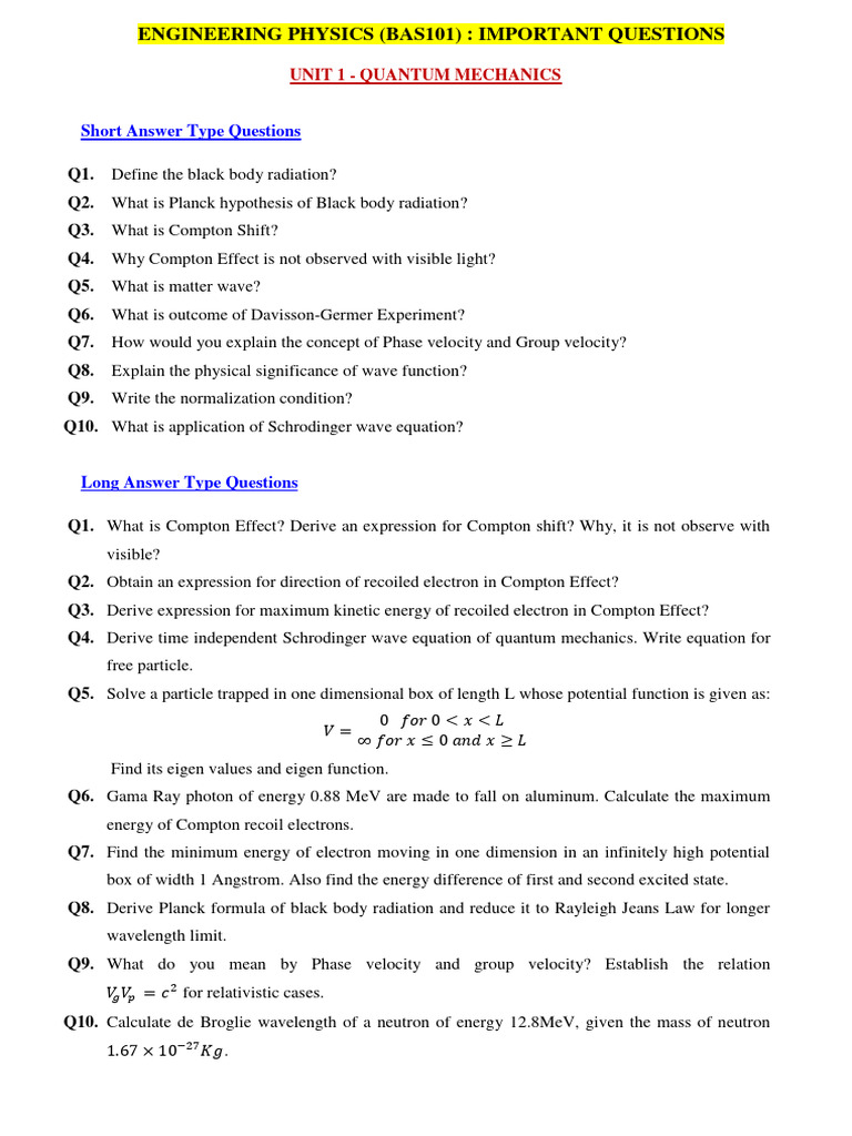 Physics (Important Questions) | PDF | Waves | Quantum Mechanics