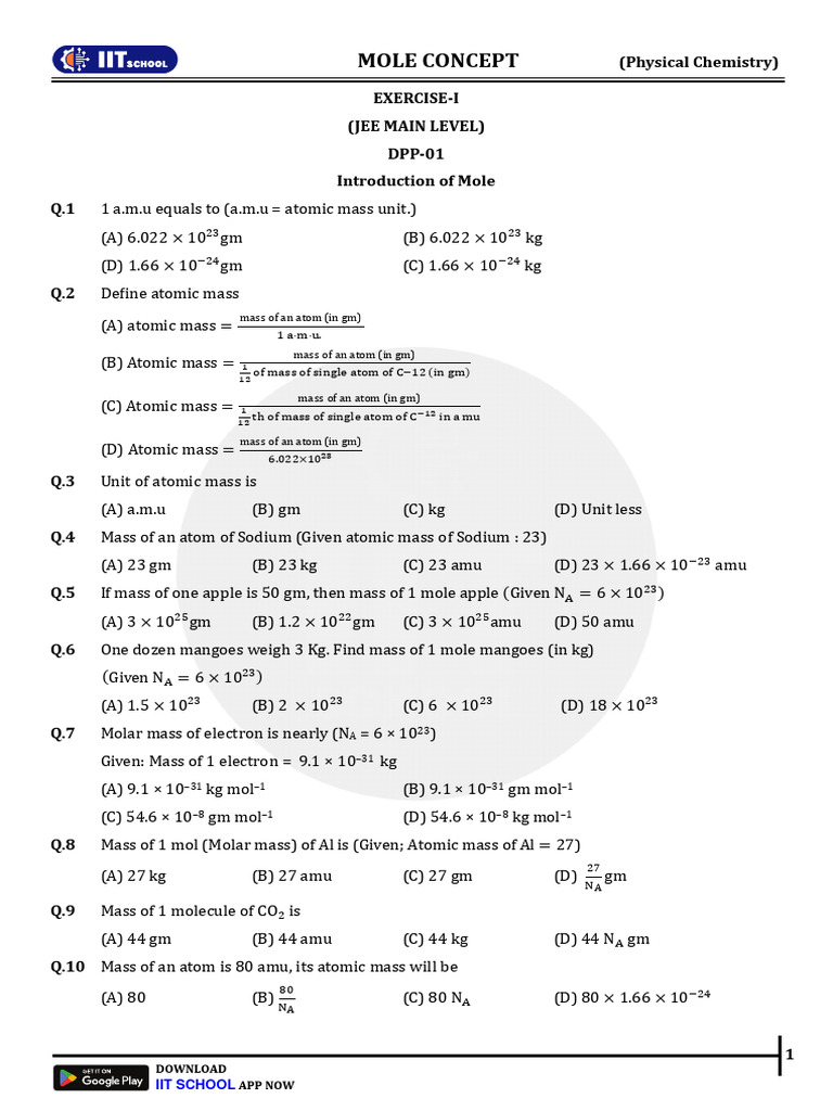 Mole Concept Sheet - 01 (Exercise-1) | PDF | Mole (Unit) | Gases