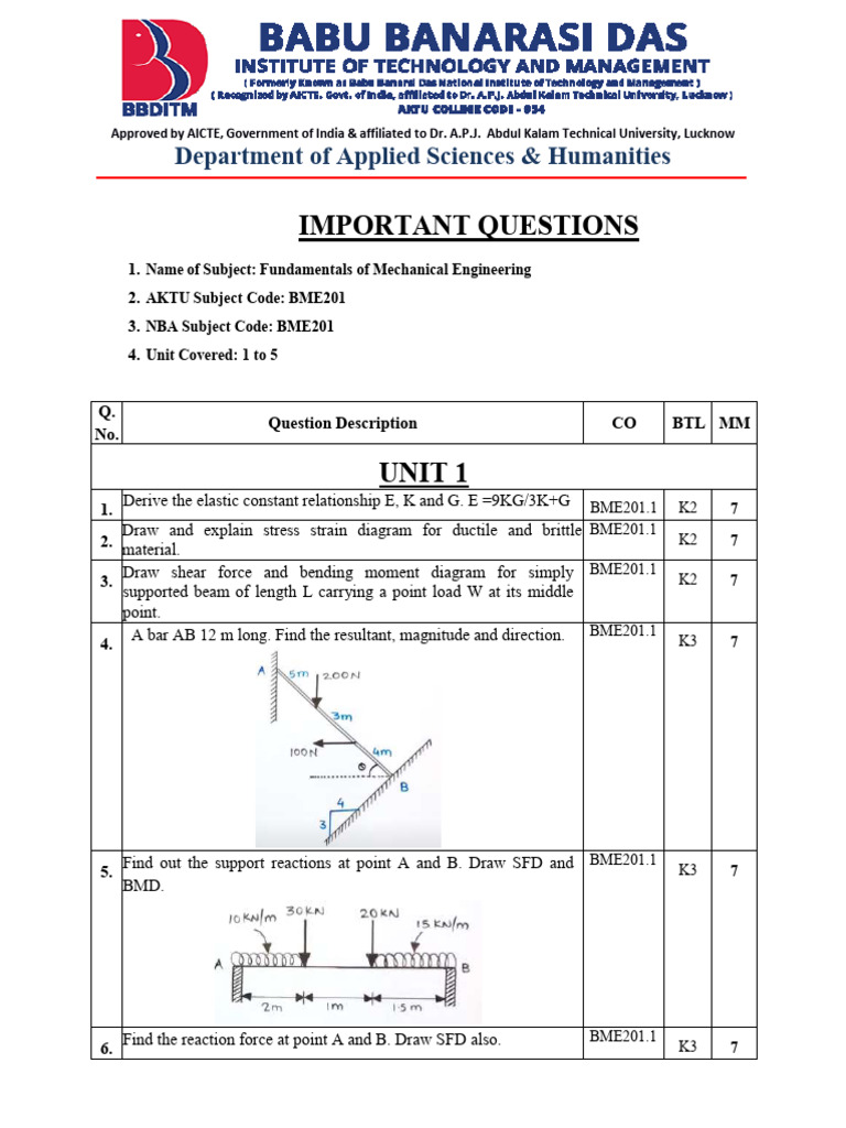 IMPORTANT QUESTIONS BME 201 UNIT1-5 | PDF | Physical Sciences | Mechanical Engineering