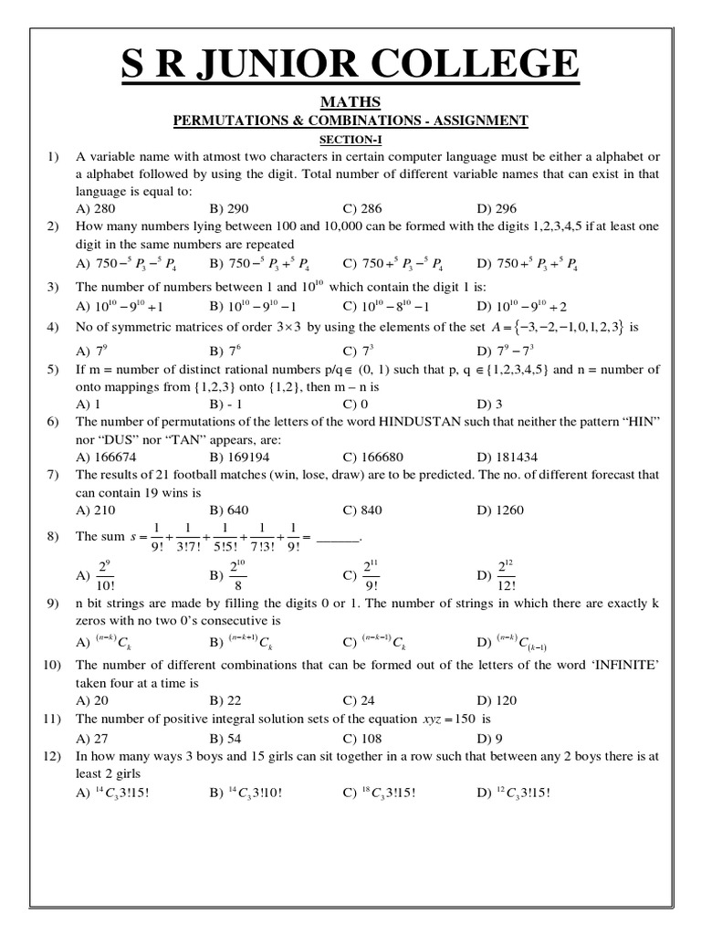 PERMUTATIONS & COMBINATIONS Assignment | PDF | Numbers | Permutation PERMUTATIONS & COMBINATIONS Assignment | PDF | Numbers | Permutation