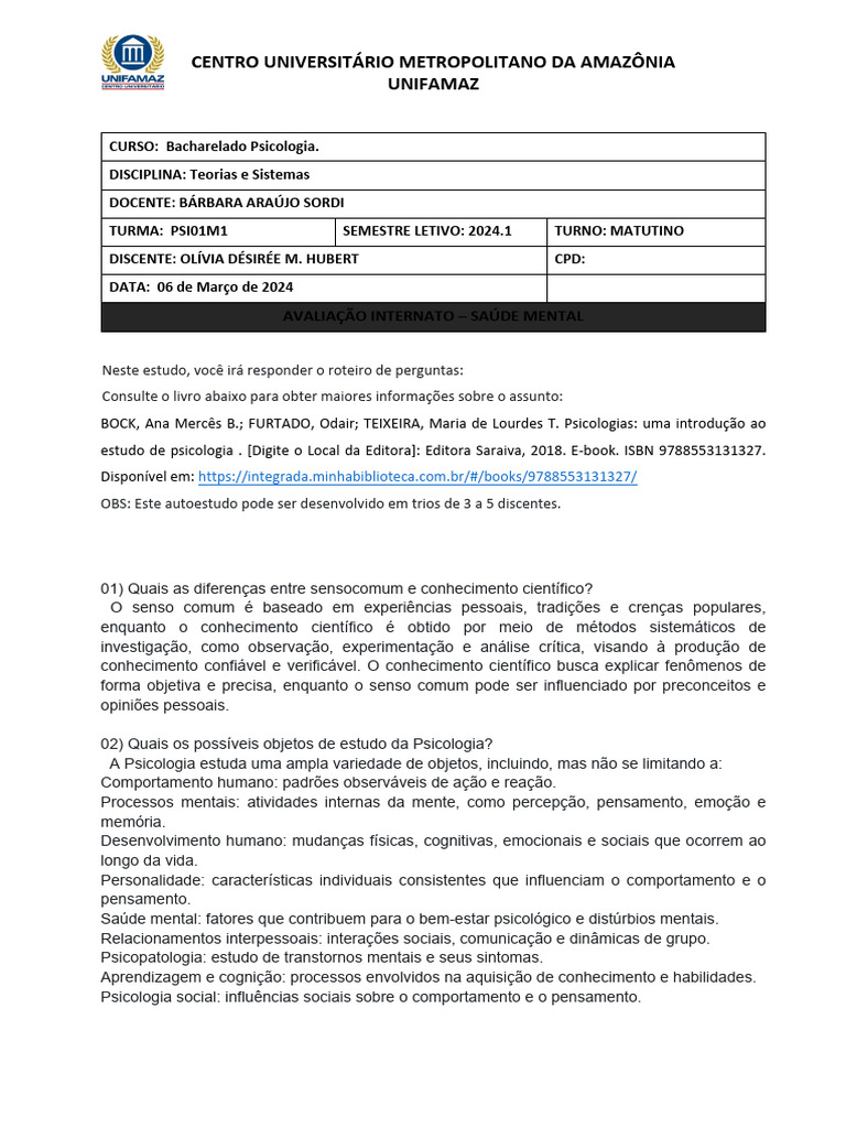 AVA-1-Historia Da Psicologia | PDF | Psicologia | Aprendizado