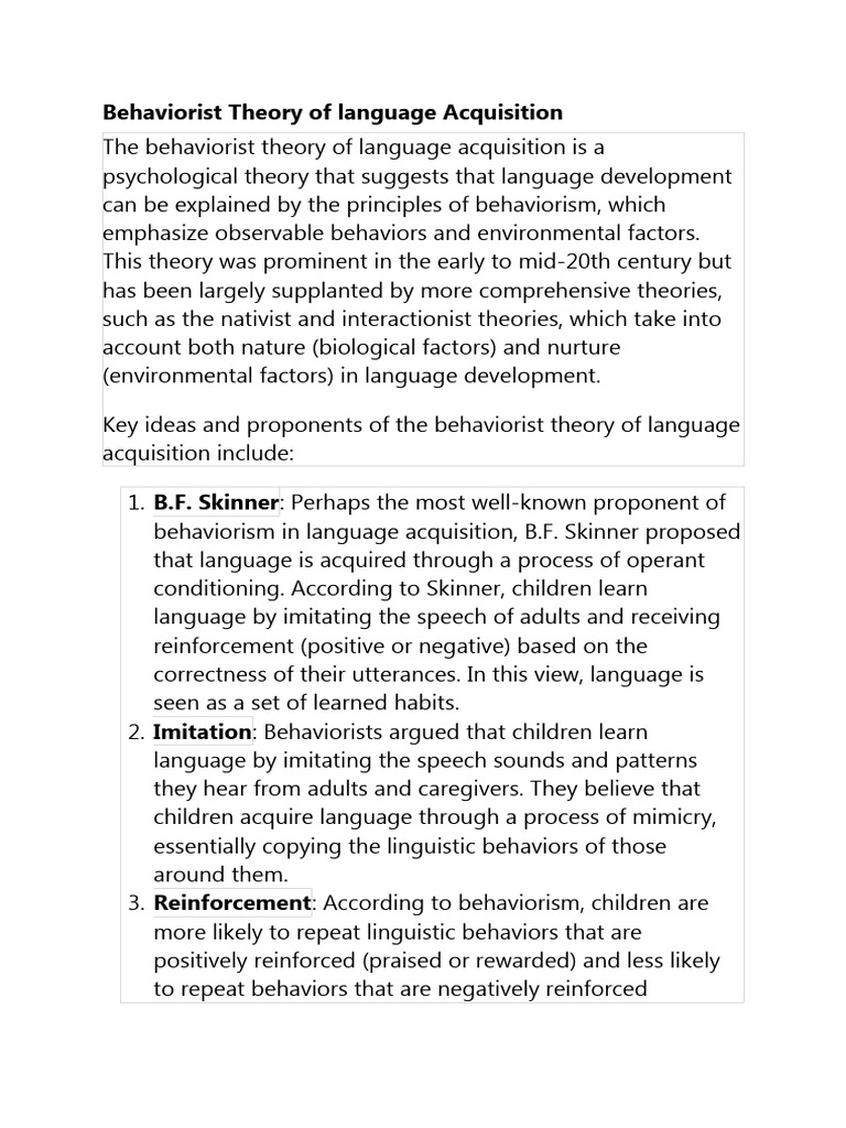 Behaviorist Theory of Language Acquisition | PDF | Language Acquisition ...