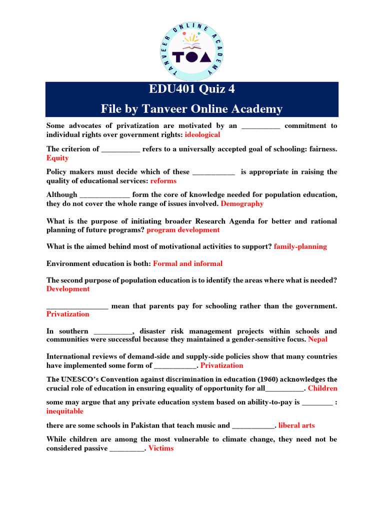 EDU401 Quiz 4 Fall 2021 Solved by Tanveer Online Academy | PDF ...