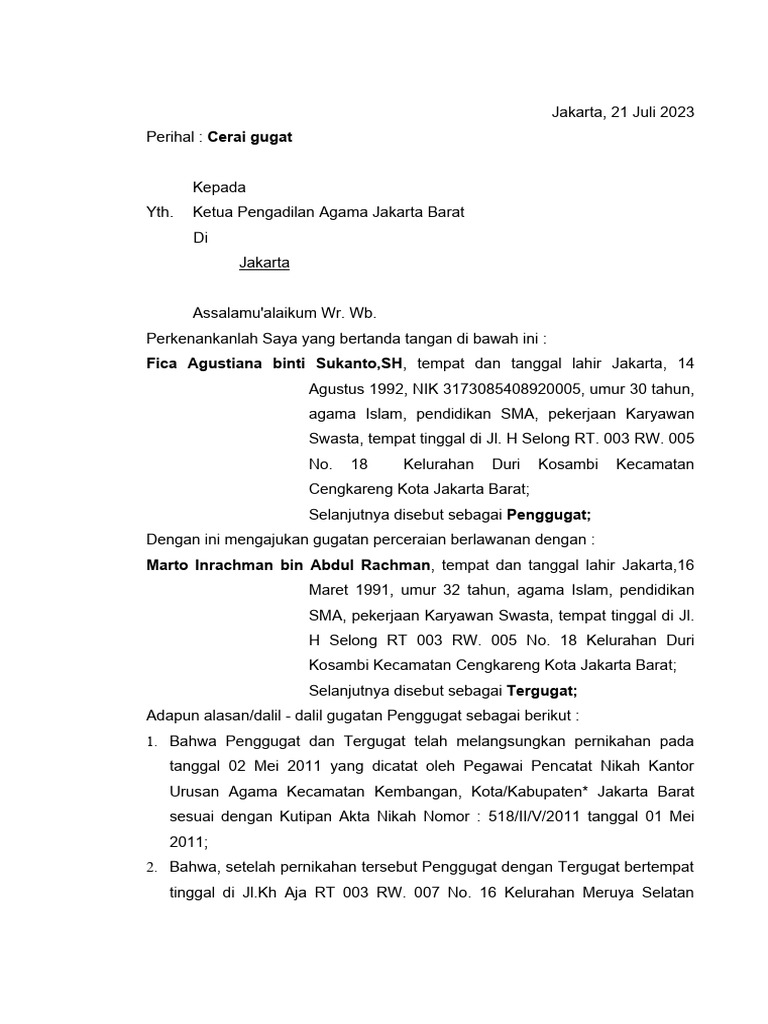 Surat Cerai Gugat | PDF
